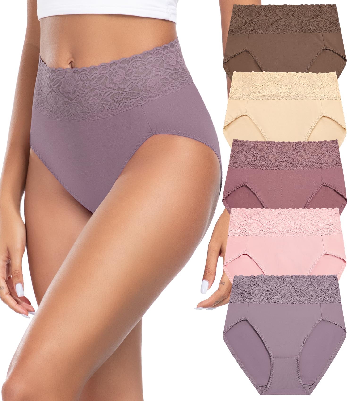 Wealurre Womens Underwear Cotton Bikini Panties for Women High Waisted Lace Hipster Stretch Briefs for Ladies 5 Pack(6005L,Pink Purple)