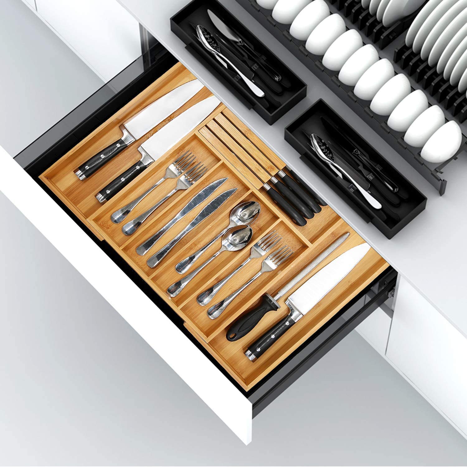 Bamboo Drawer Organizer for Kitchen, Expandable Utensil Tray,Wooden Drawer Divider Organizer
