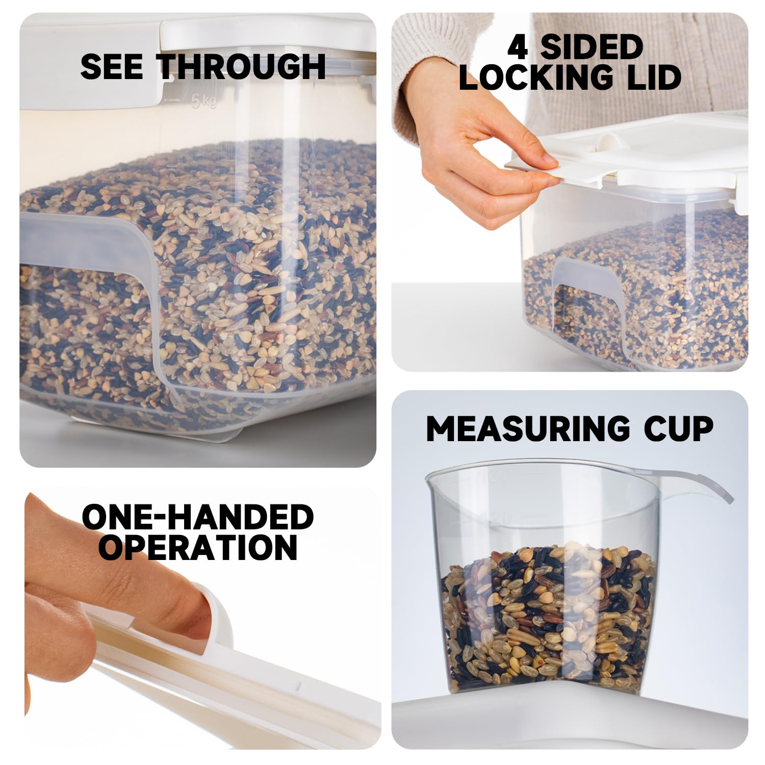 LivLab Mker Rice Storage Container 20 lbs - 15 lbs Airtight Flour Dispenser with Lids & wheel, BPA Free, kitchen organizers for Pet/Cat/Dog Food Storage Container (10 lbs), White