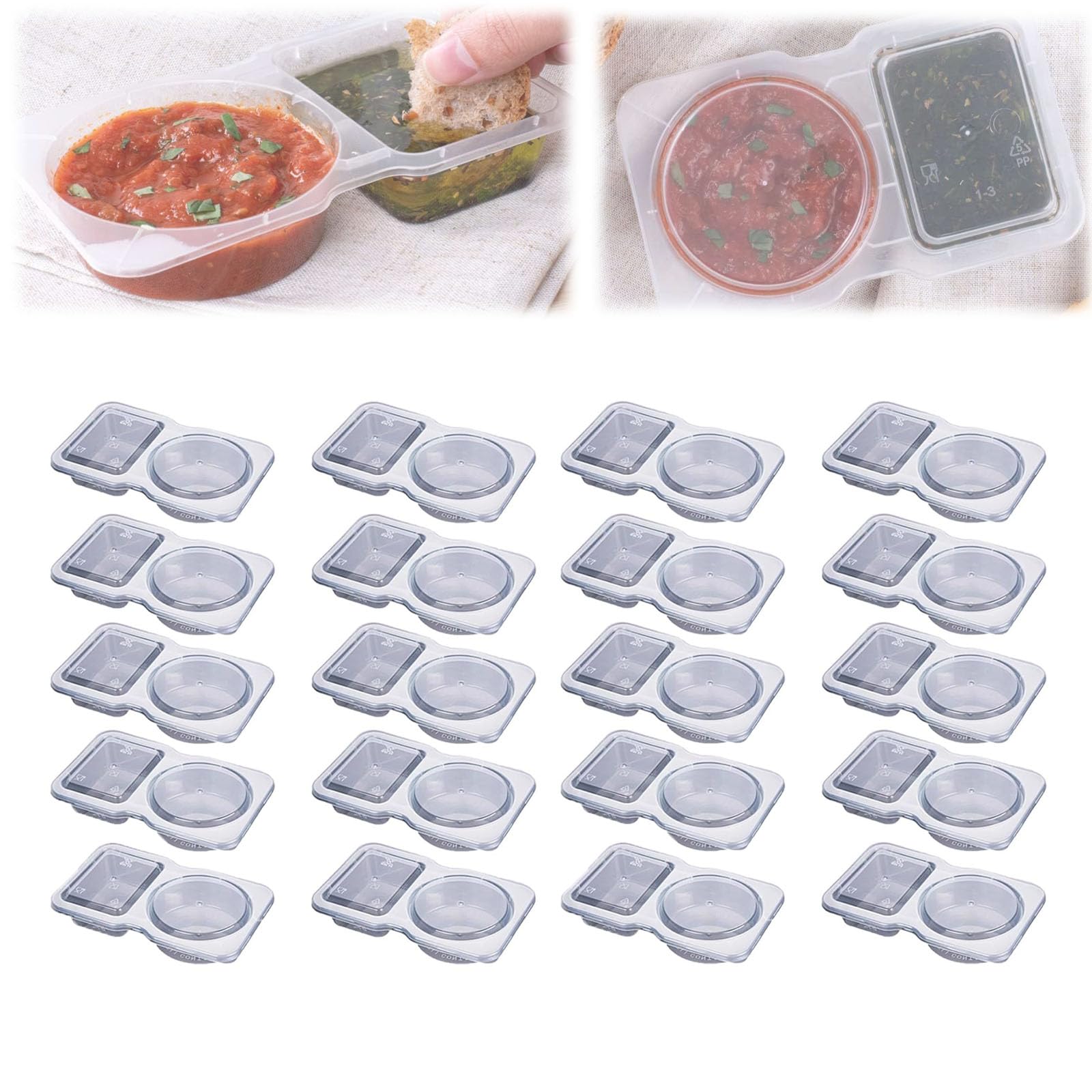 Double Compartment Condiment Container, 4.4oz Double Snack Containers With Lids, Portable Reusable Sauce Container, for to go Sauce, Sampling, Travel Snack (20PCS)