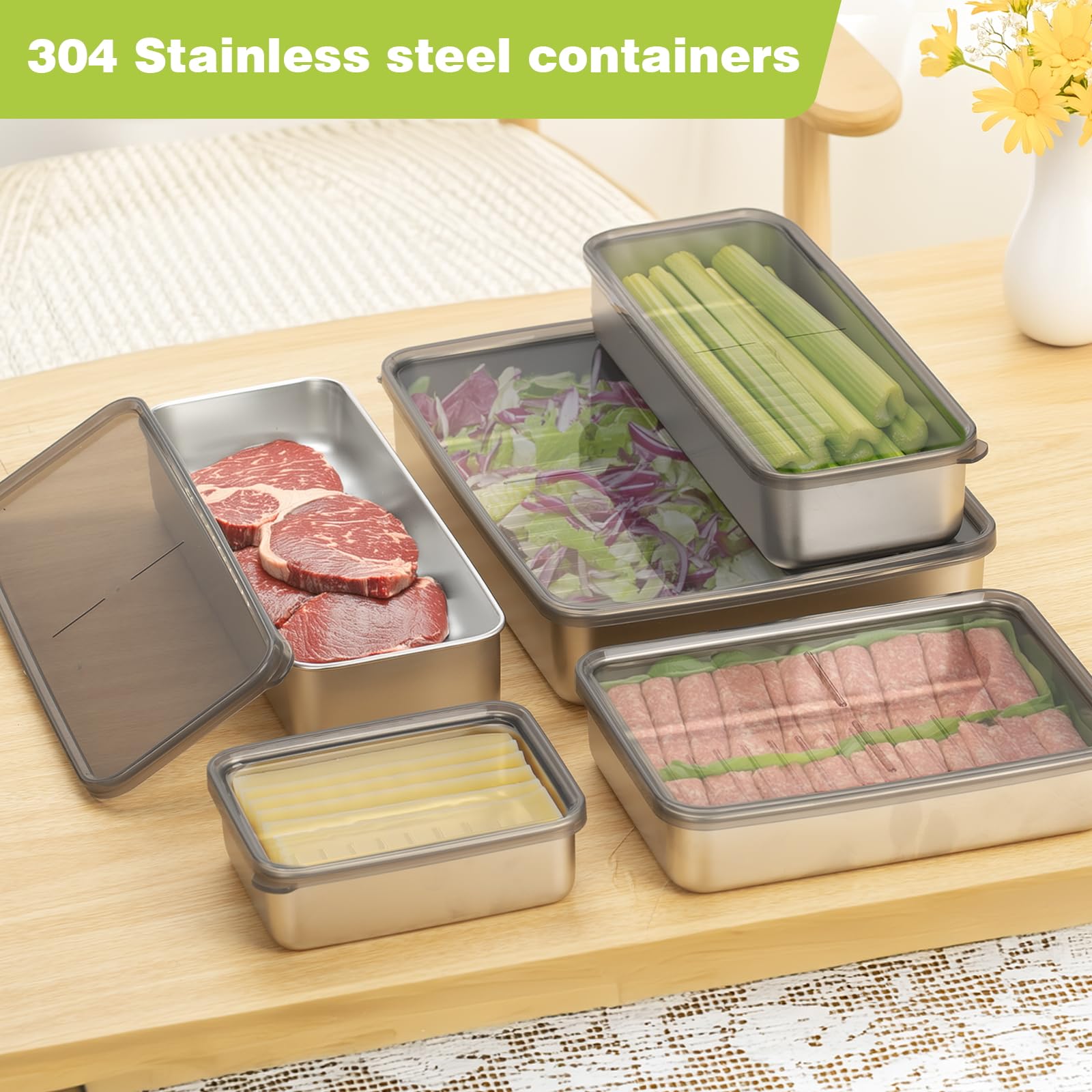 Ronanemon Deli Meat and Cheese Storage Container for Refrigerator, 304 Stainless Steel Airtight Bacon Storage Container,Kitchen Storage Containers Set for Home, Travel, Work, Party, Leftovers (4)