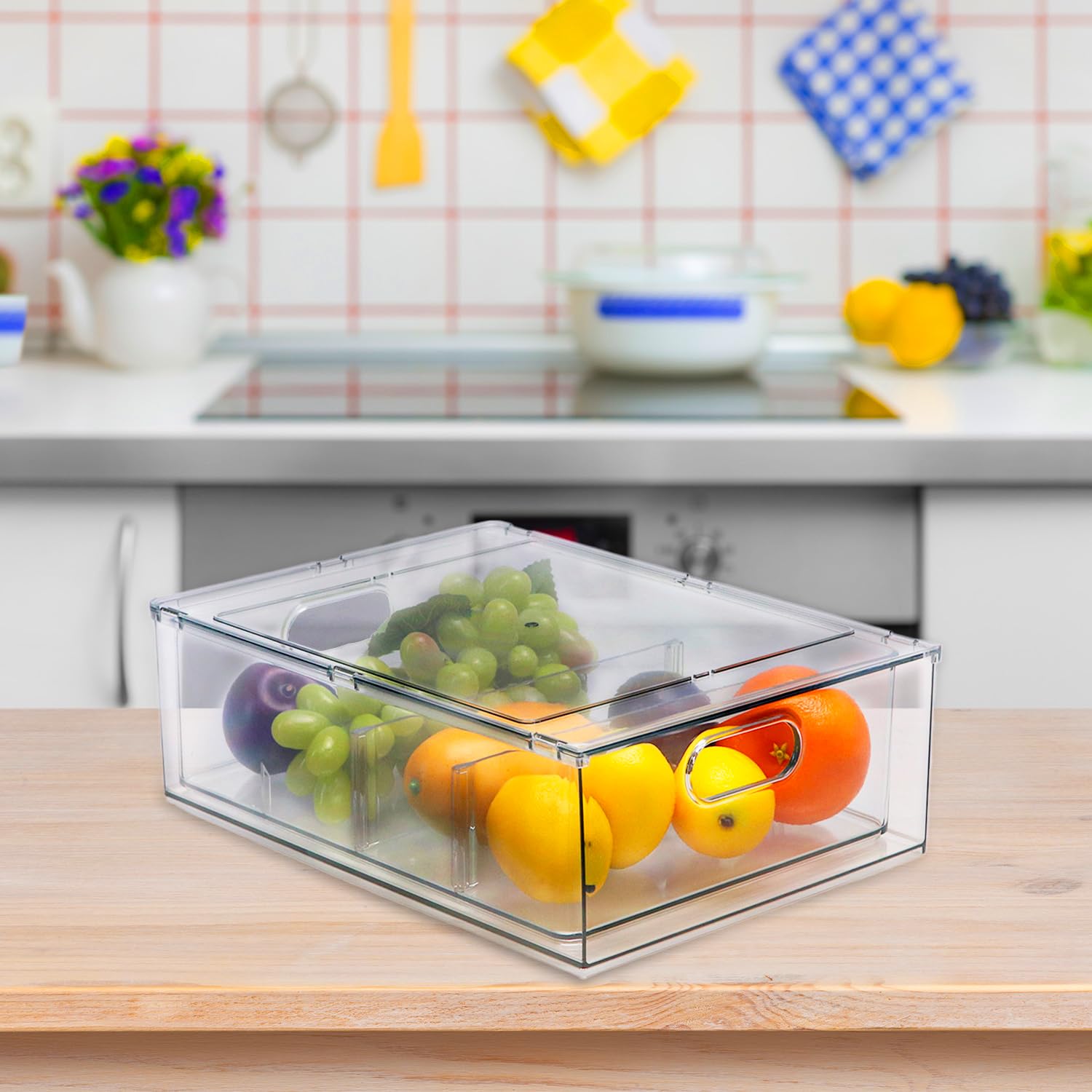 QWORK Refrigerator Organizer Bins with Pull-Out Drawer, Clear Fridge Drawer Organizer with Handle, 13.4 X 10 X 4.3 inches, Stackable and PET Storage Container for Kitchen, Pantry, and More