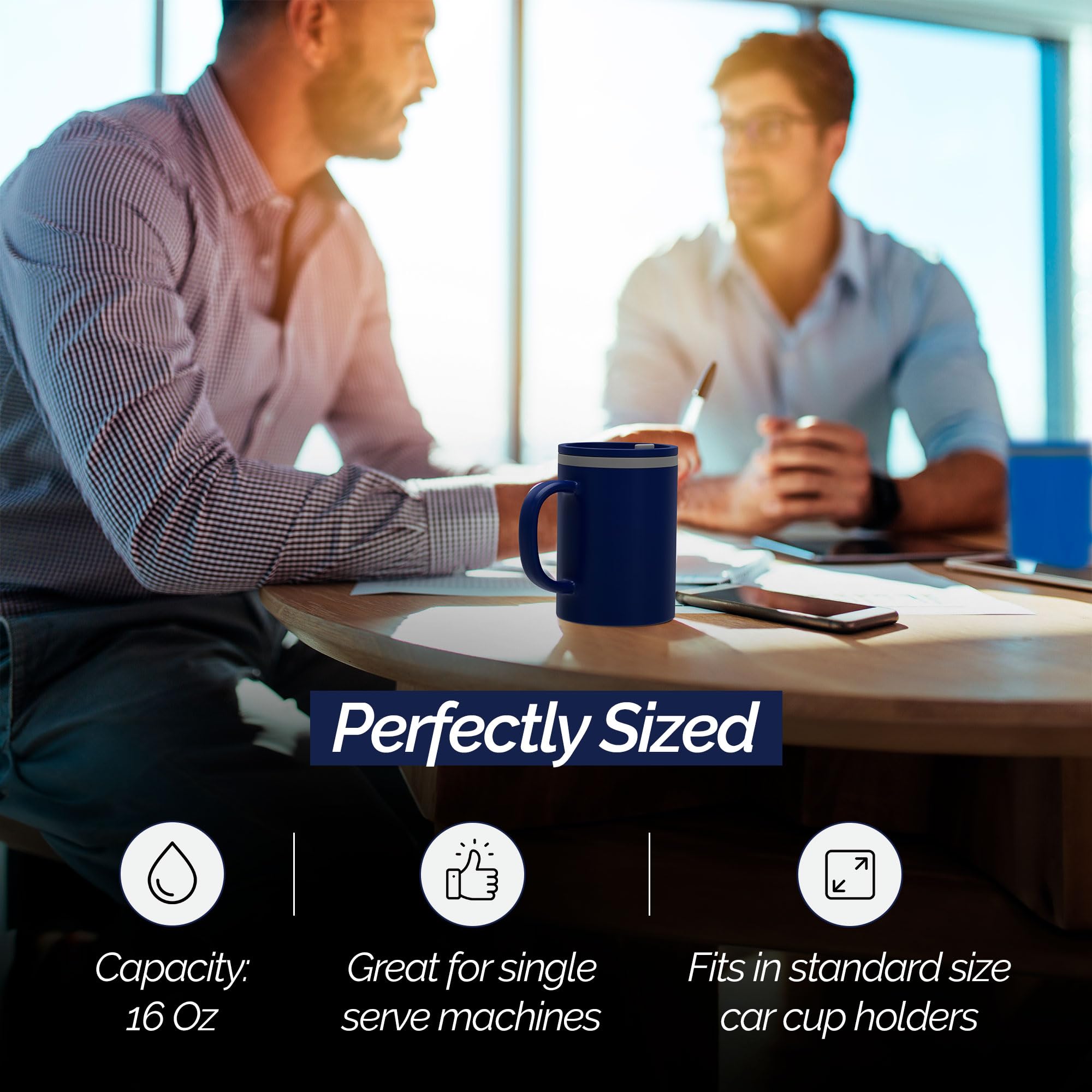 Copco Iconic 16oz Double Wall Insulated Desk Mug with Lid and Handle, Set of 2, BPA-Free Reusable Plastic, Spill-Proof, Microwave & Dishwasher Safe, Wide Mouth, Cup Holder Friendly (Navy/Blue)