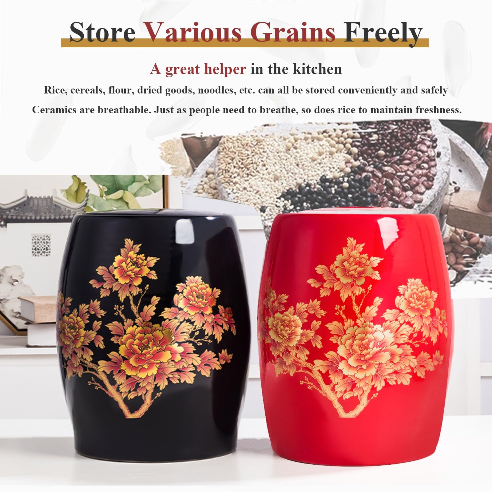 Classic Home Food Storage Porcelain Bottle Kitchen Sealed Jar With Lid Ceramic Rice Containe Ceramic Rice Cylinder With Lid Rice Storage Bins Ceramic Rice Bucket Rice Storage Box For Rice, Flour,Food(