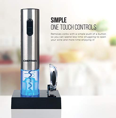 Chefman Electric Wine Opener W/ Foil Cutter, One-Touch, Open 30 Bottles On Single Charge, Automatic Corkscrew & Foil Remover, Rechargeable Battery, 110 Watts, 120 Volts