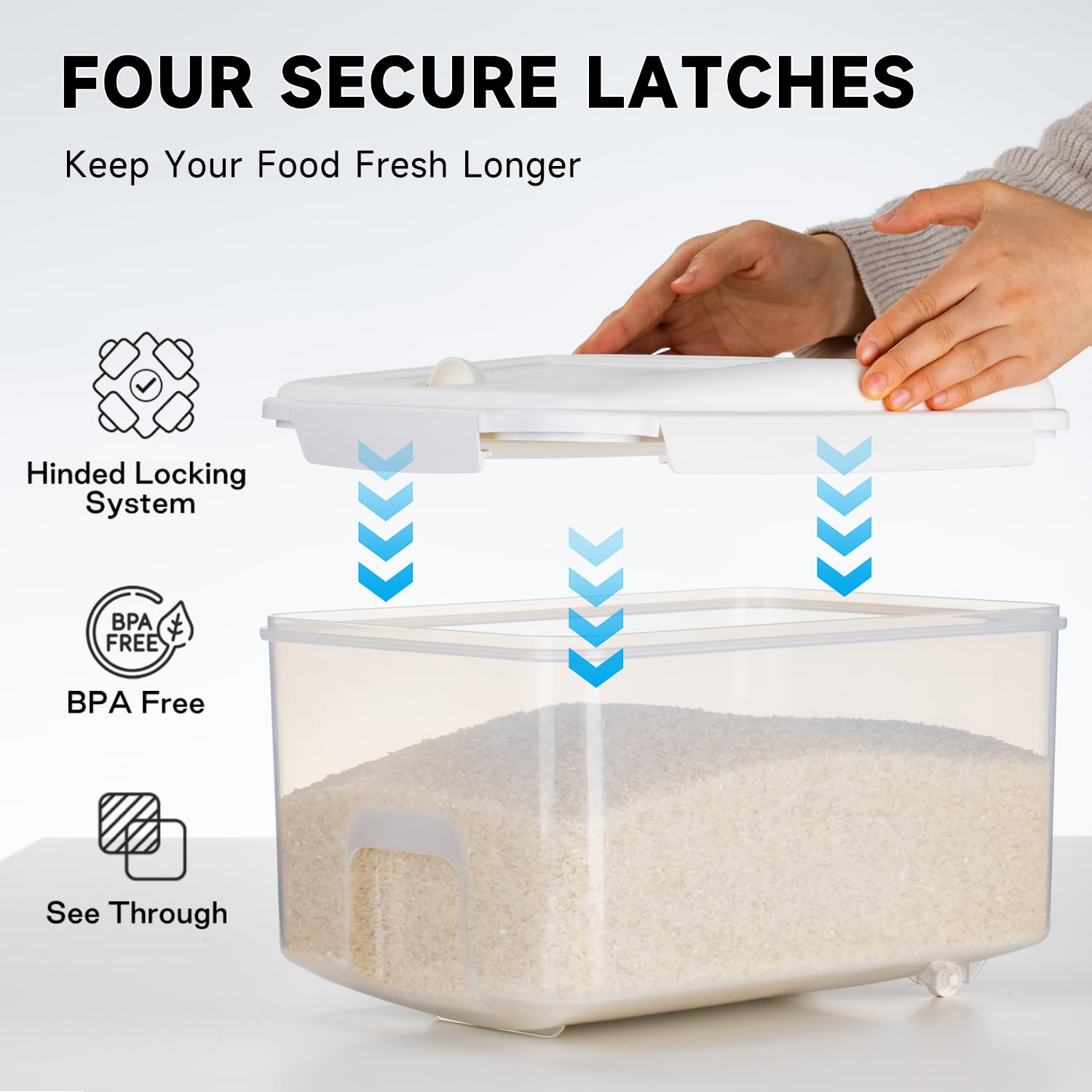 LivLab Mker Rice Storage Container 20 lbs - 15 lbs Airtight Flour Dispenser with Lids & wheel, BPA Free, kitchen organizers for Pet/Cat/Dog Food Storage Container (10 lbs), White