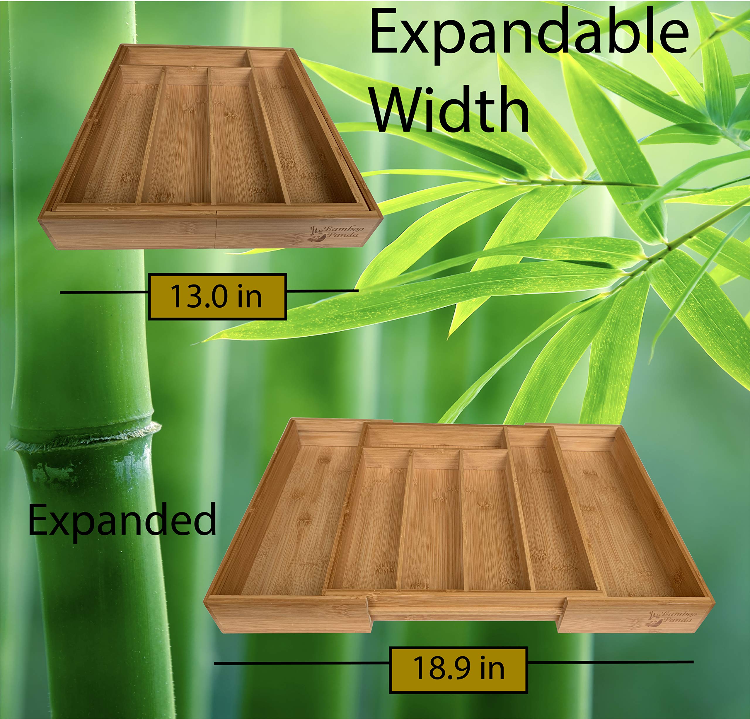 Bamboo Panda: 7 Compartment Expandable Drawer Organizer - 100% Natural Bamboo - Silverware, Utensil, Cutlery Tray & Home/Office Organizer