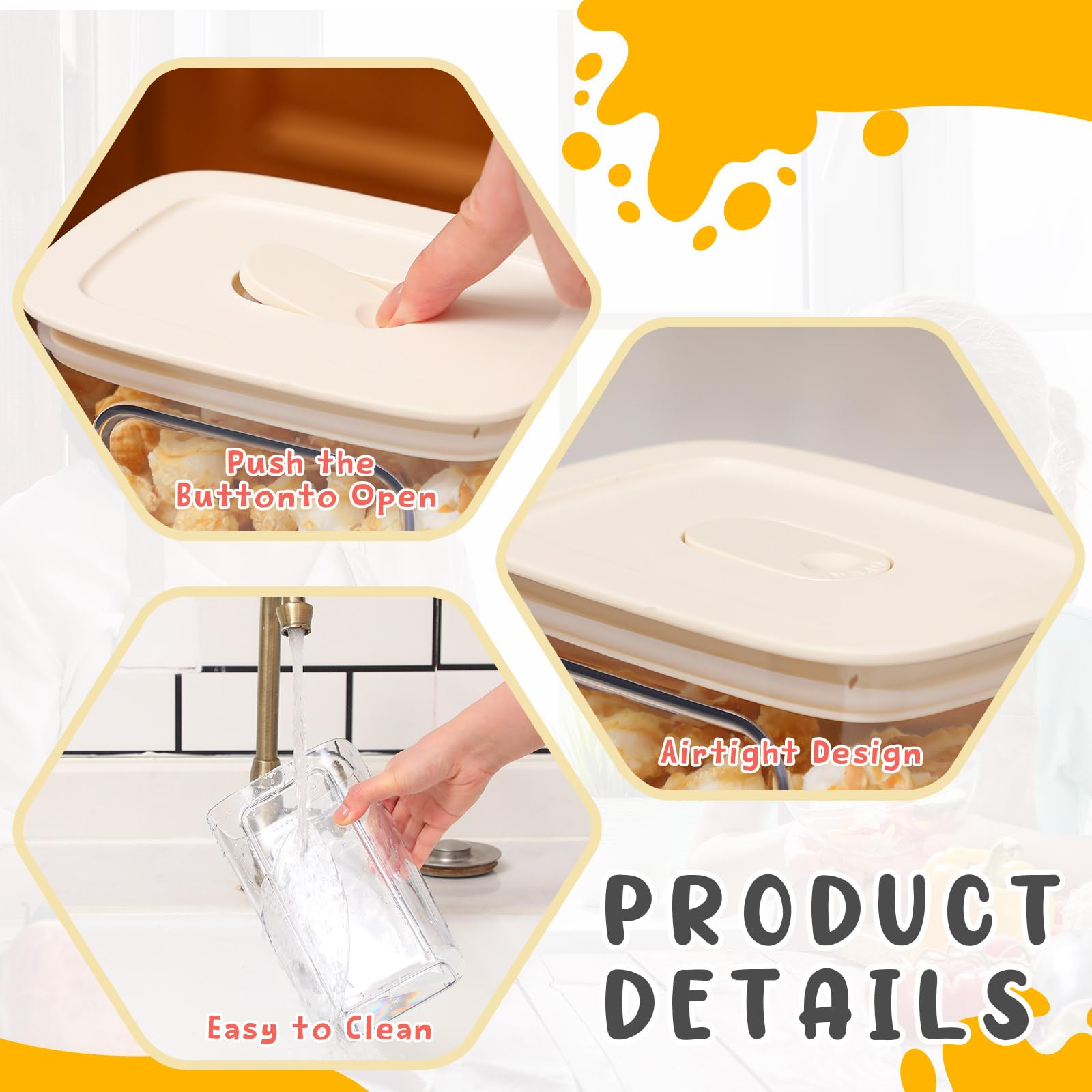 Blushtier 3 Pack Pop Containers 1.7 Qt Food Storage Containers with Lids Airtight One Button Opening Clear Rectangle Kitchen Storage Containers for Pantry Cereal Snack Sugar Coffee