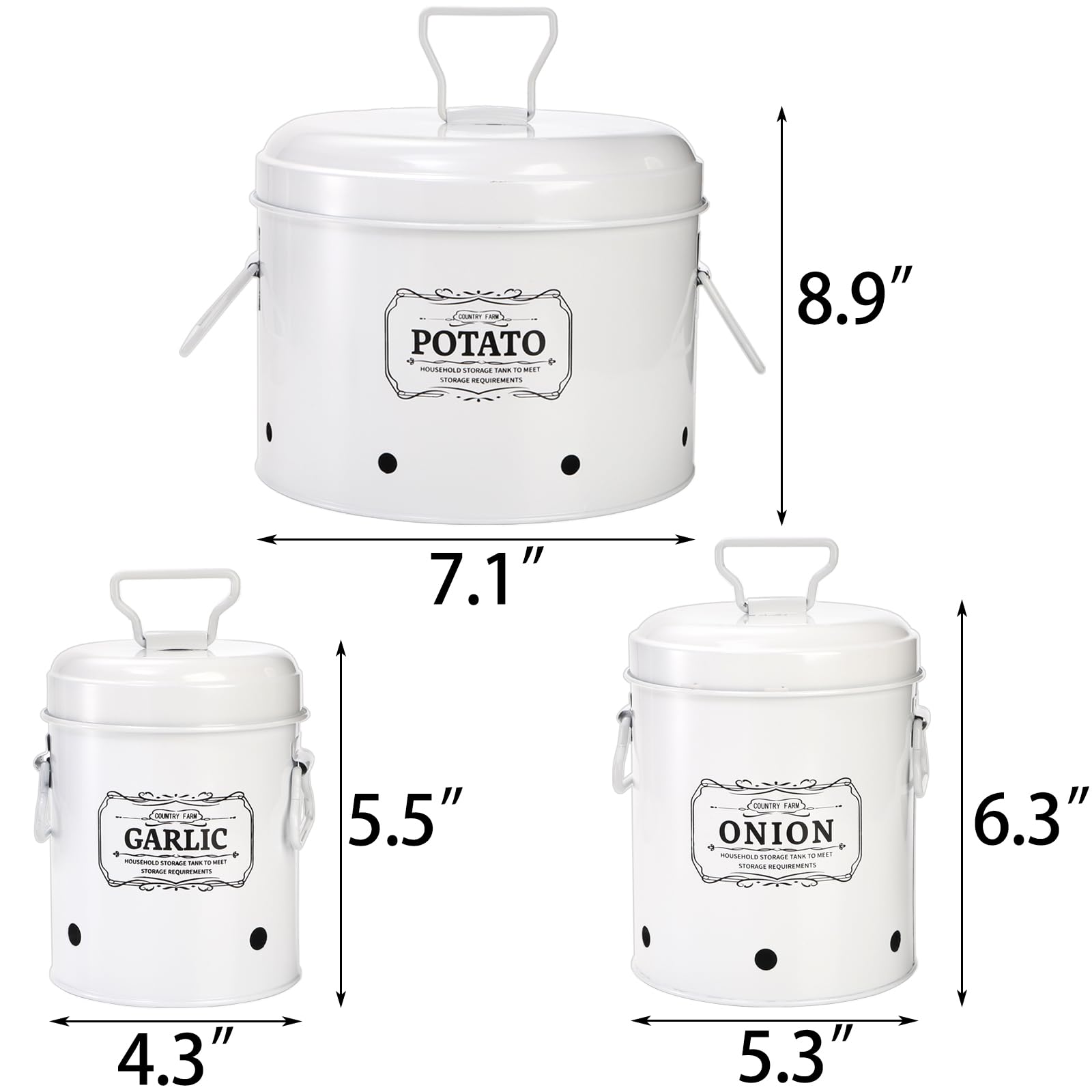 Suwimut Set of 3 Vegetable Storage Tins, Metal Potato Onion Garlic Storage Bin, Kitchen Canisters Vegetable Fresh Keeper Garlic Container Onion Keeper Potato Bin with Aerating Holes and Lid