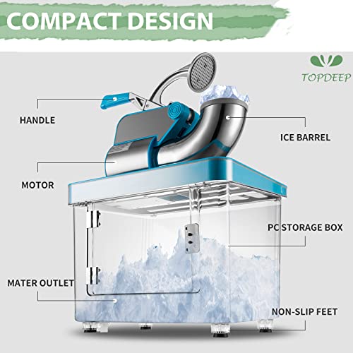 Topdeep Commercial Ice Crusher, 110V Electric Snow Cone Machine ETL Approved, 440LBS/H Snow Cone Maker with Dual Blades, Stainless Steel Shaved Ice Machine or Home and Commercial Use