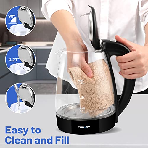 TUMIDY 1.7L Glass Electric Kettle Temperature Control Hot Water Boiler with 5 Colors LED Indicator and Keep Warm Function, 90°Open Fast Boil Auto Shut-Off Tea Heater Stainless Steel Inner Lid & Bottom