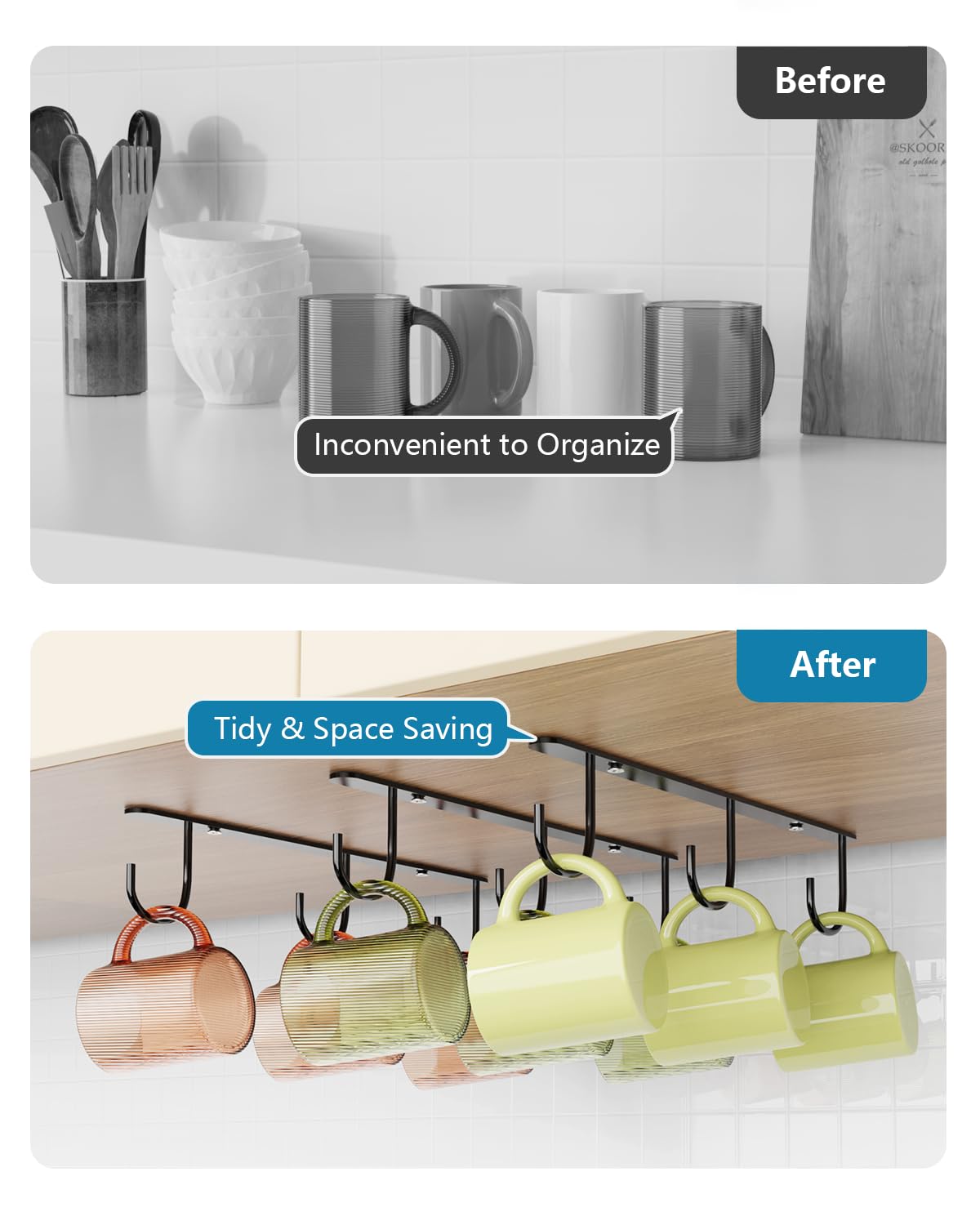 Luckinow 3 Pack Mug Hooks Under Cabinet, Coffee Mug Holder for Hanging Under Shelf, Coffee Cup with 9 Hooks for Displaying Mugs, Coffee Cups and Kitchen Utensils, Black