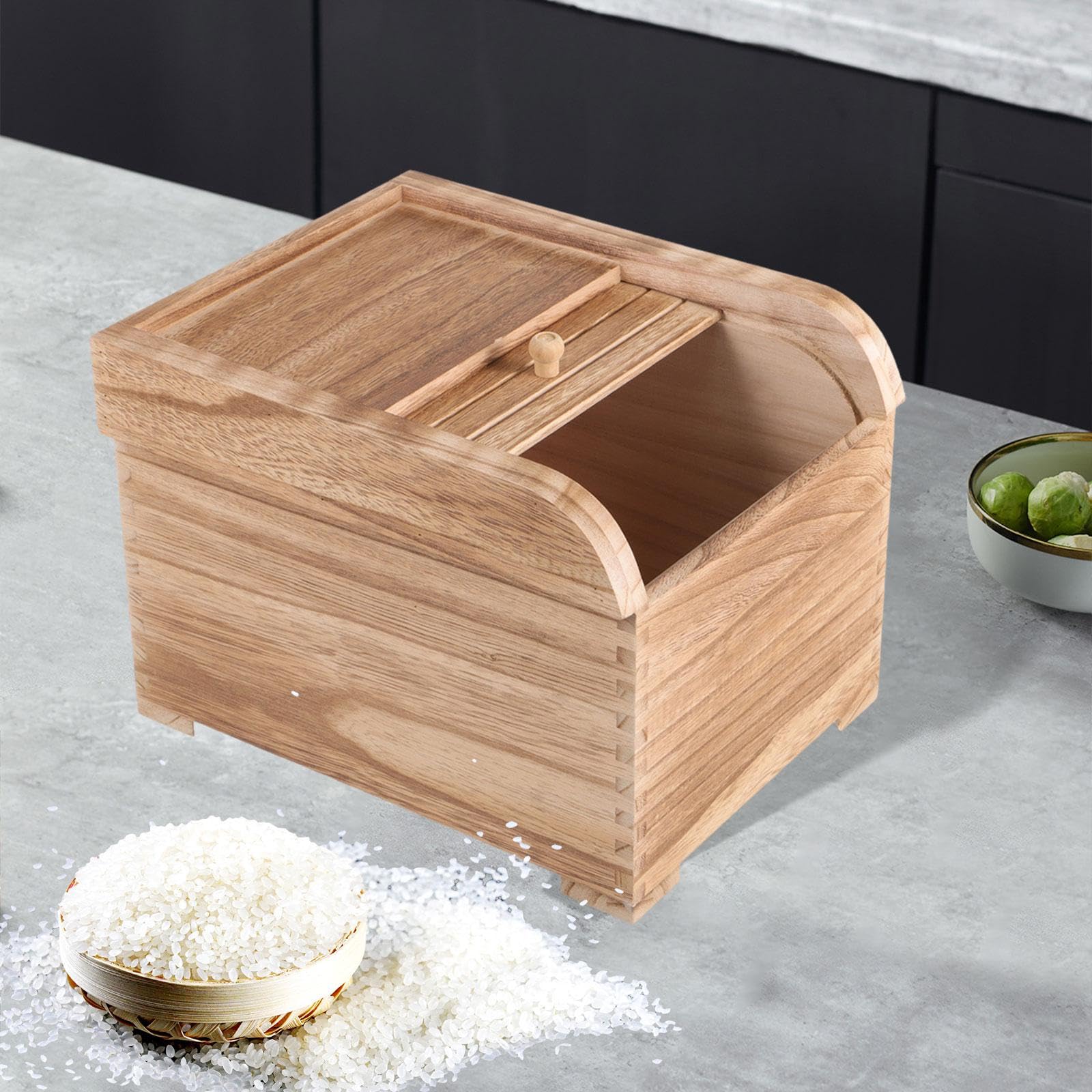 Bothyi Rice Storage Container, Dry Storage Rice Container Box, Rice Dispenser Wooden Cereal Containers Storage, Light Brown