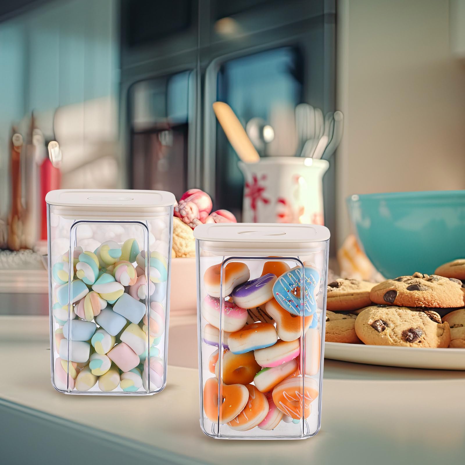 Blushtier 3 Pack Pop Containers 1.7 Qt Food Storage Containers with Lids Airtight One Button Opening Clear Rectangle Kitchen Storage Containers for Pantry Cereal Snack Sugar Coffee