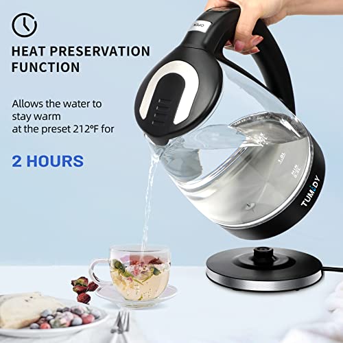 TUMIDY 1.7L Glass Electric Kettle Temperature Control Hot Water Boiler with 5 Colors LED Indicator and Keep Warm Function, 90°Open Fast Boil Auto Shut-Off Tea Heater Stainless Steel Inner Lid & Bottom