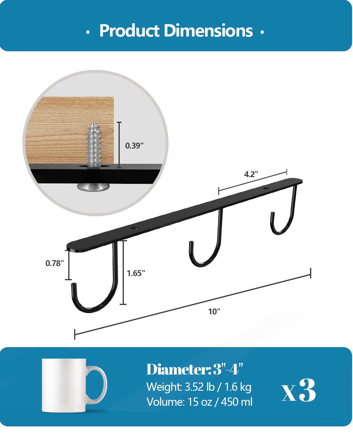 Luckinow 3 Pack Mug Hooks Under Cabinet, Coffee Mug Holder for Hanging Under Shelf, Coffee Cup with 9 Hooks for Displaying Mugs, Coffee Cups and Kitchen Utensils, Black