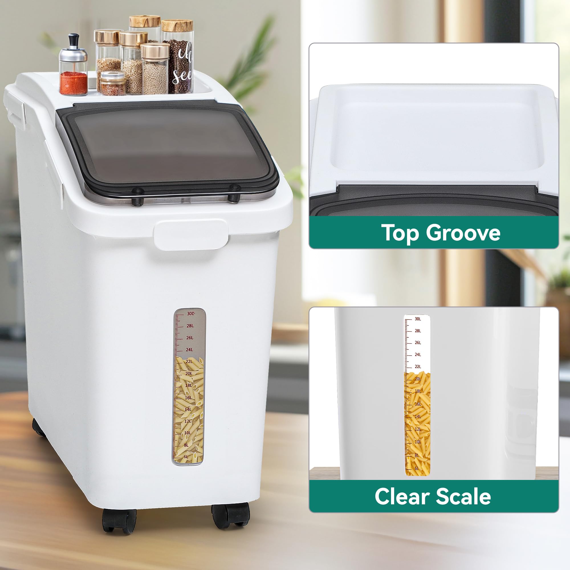 YITAHOME 65L/117lbs Large Ingredient Storage Bins, Commercial 11.4+5.8 Gal Rice Flour Storage Container, Organizer Storage Bin with Measuring Cup, Scoop and Wheels for Kitchen, White & Black Lid