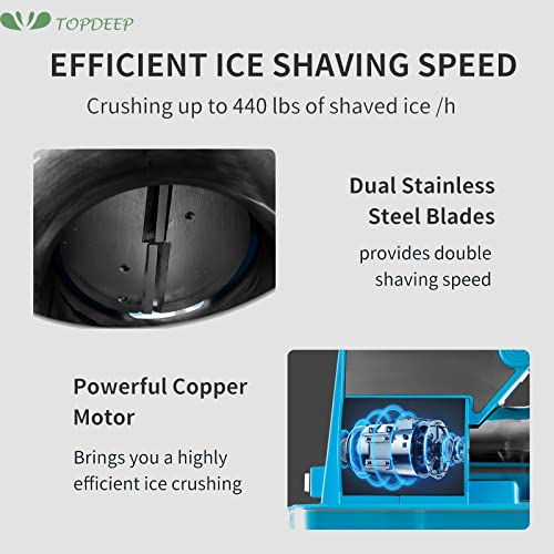 Topdeep Commercial Ice Crusher, 110V Electric Snow Cone Machine ETL Approved, 440LBS/H Snow Cone Maker with Dual Blades, Stainless Steel Shaved Ice Machine or Home and Commercial Use