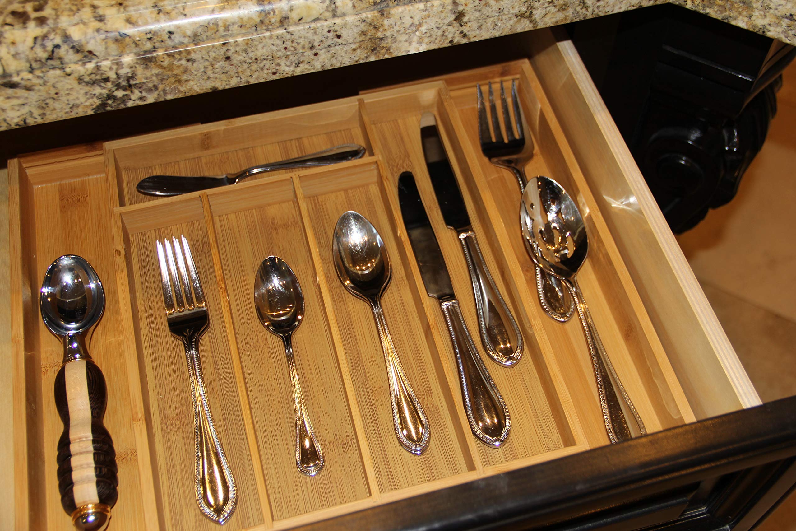 Bamboo Panda: 7 Compartment Expandable Drawer Organizer - 100% Natural Bamboo - Silverware, Utensil, Cutlery Tray & Home/Office Organizer