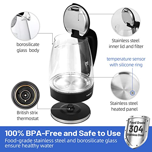 TUMIDY 1.7L Glass Electric Kettle Temperature Control Hot Water Boiler with 5 Colors LED Indicator and Keep Warm Function, 90°Open Fast Boil Auto Shut-Off Tea Heater Stainless Steel Inner Lid & Bottom