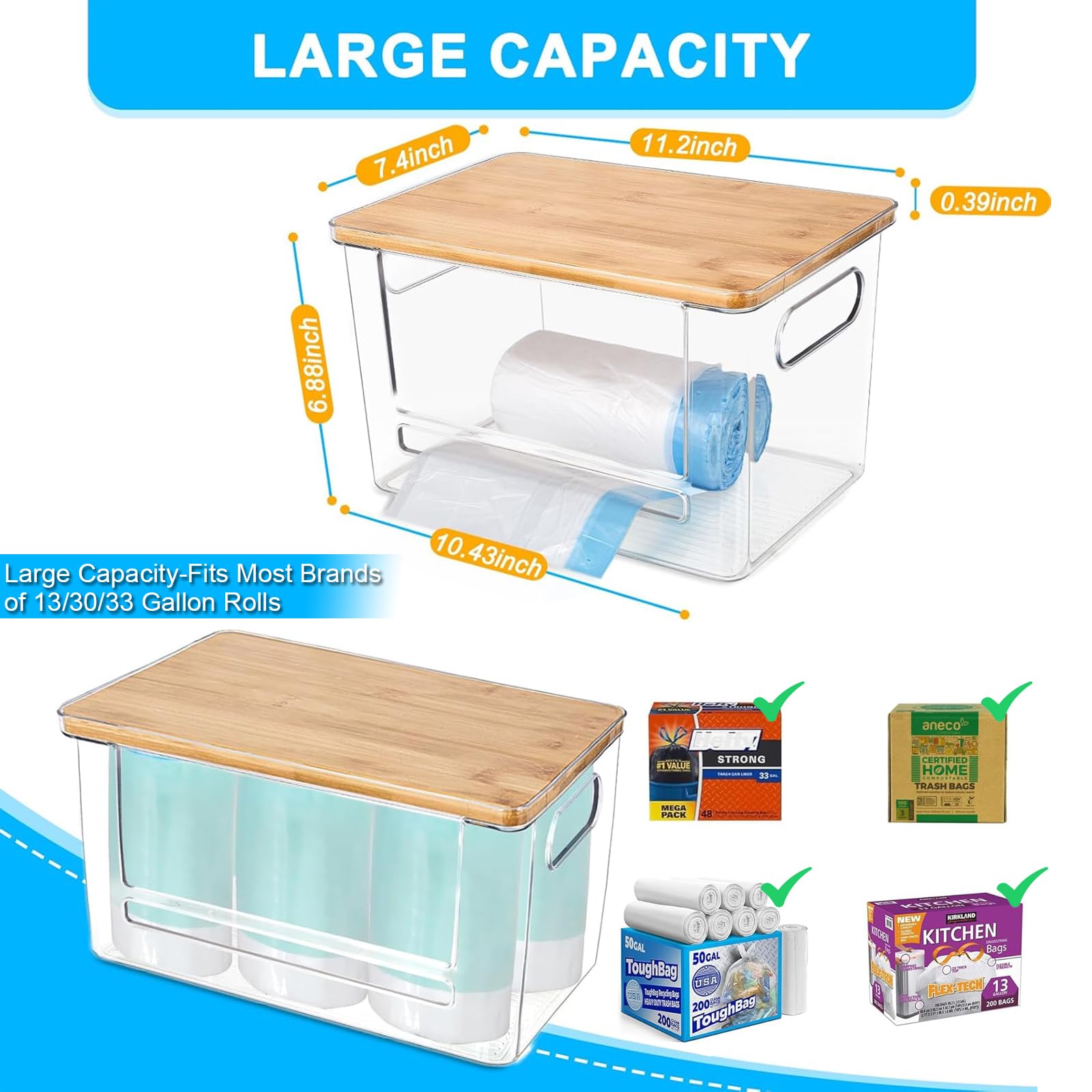 Riian Trash Bag Dispenser, Holder & Organizer with Bamboo Top, Acrylic Storage Container for Under Sink Bag Storage (1pc, Holds 100 Bags, 1300 Gallons)