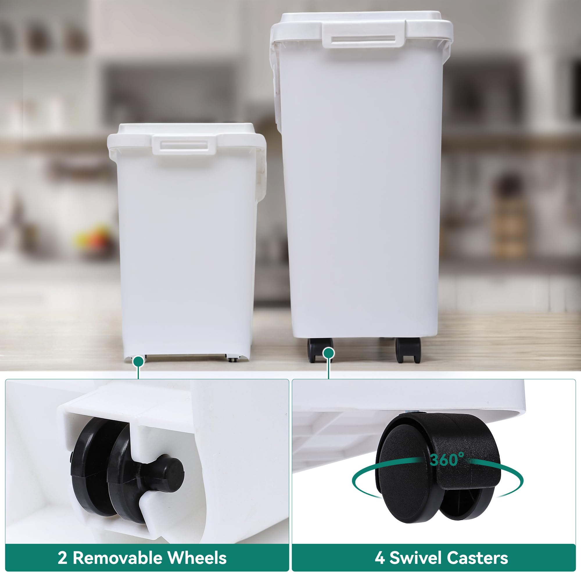 YITAHOME 65L/117lbs Large Ingredient Storage Bins, Commercial 11.4+5.8 Gal Rice Flour Storage Container, Organizer Storage Bin with Measuring Cup, Scoop and Wheels for Kitchen, White & Black Lid