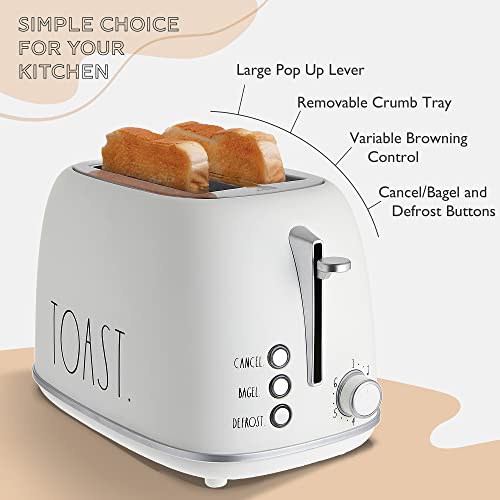Rae Dunn Retro Rounded Bread Toaster, 2 Slice Stainless Steel Toaster with Removable Crumb Tray, Wide Slot with 6 Browning Levels, Bagel, Defrost and Cancel Options (Cream)