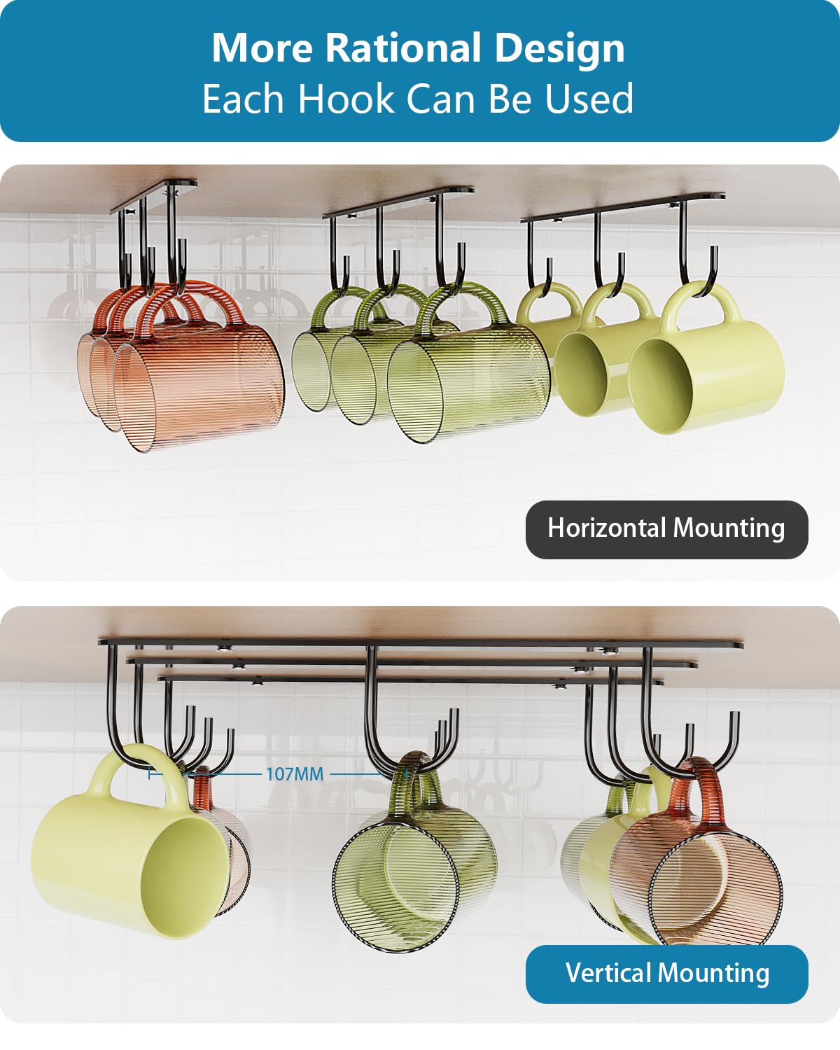 Luckinow 3 Pack Mug Hooks Under Cabinet, Coffee Mug Holder for Hanging Under Shelf, Coffee Cup with 9 Hooks for Displaying Mugs, Coffee Cups and Kitchen Utensils, Black