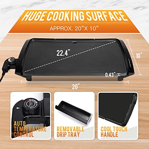 Aigostar Electric Griddle Nonstick 1500W Pancake Griddle 8-Serving Electric Indoor Grill 5-Level Control with Adjustable Temperature & Oil Drip Tray for Easy Cleaning, 20β x 10β Family-Sized, Black