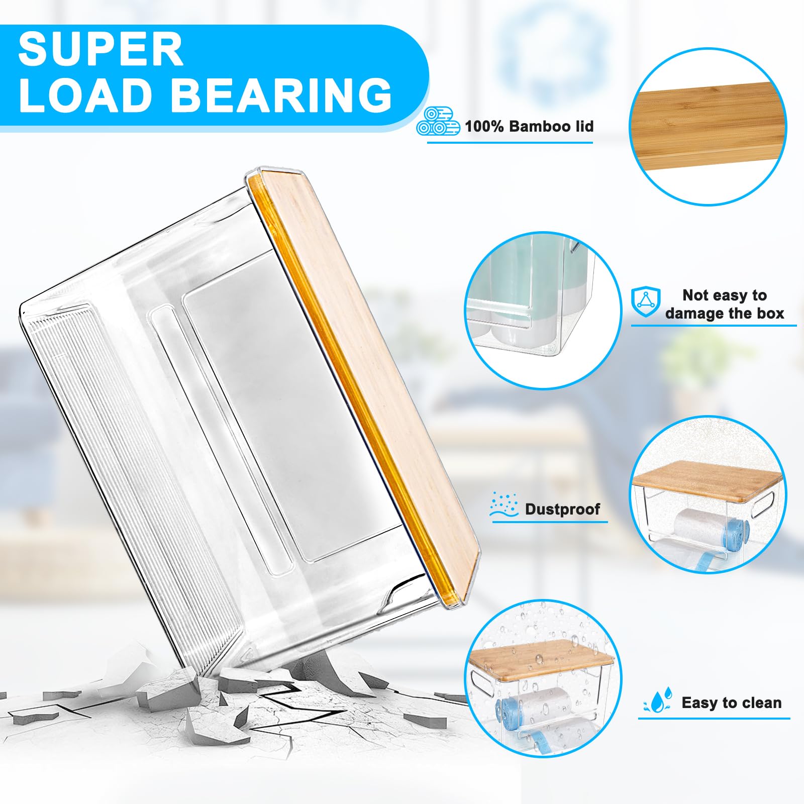 Riian Trash Bag Dispenser, Holder & Organizer with Bamboo Top, Acrylic Storage Container for Under Sink Bag Storage (1pc, Holds 100 Bags, 1300 Gallons)