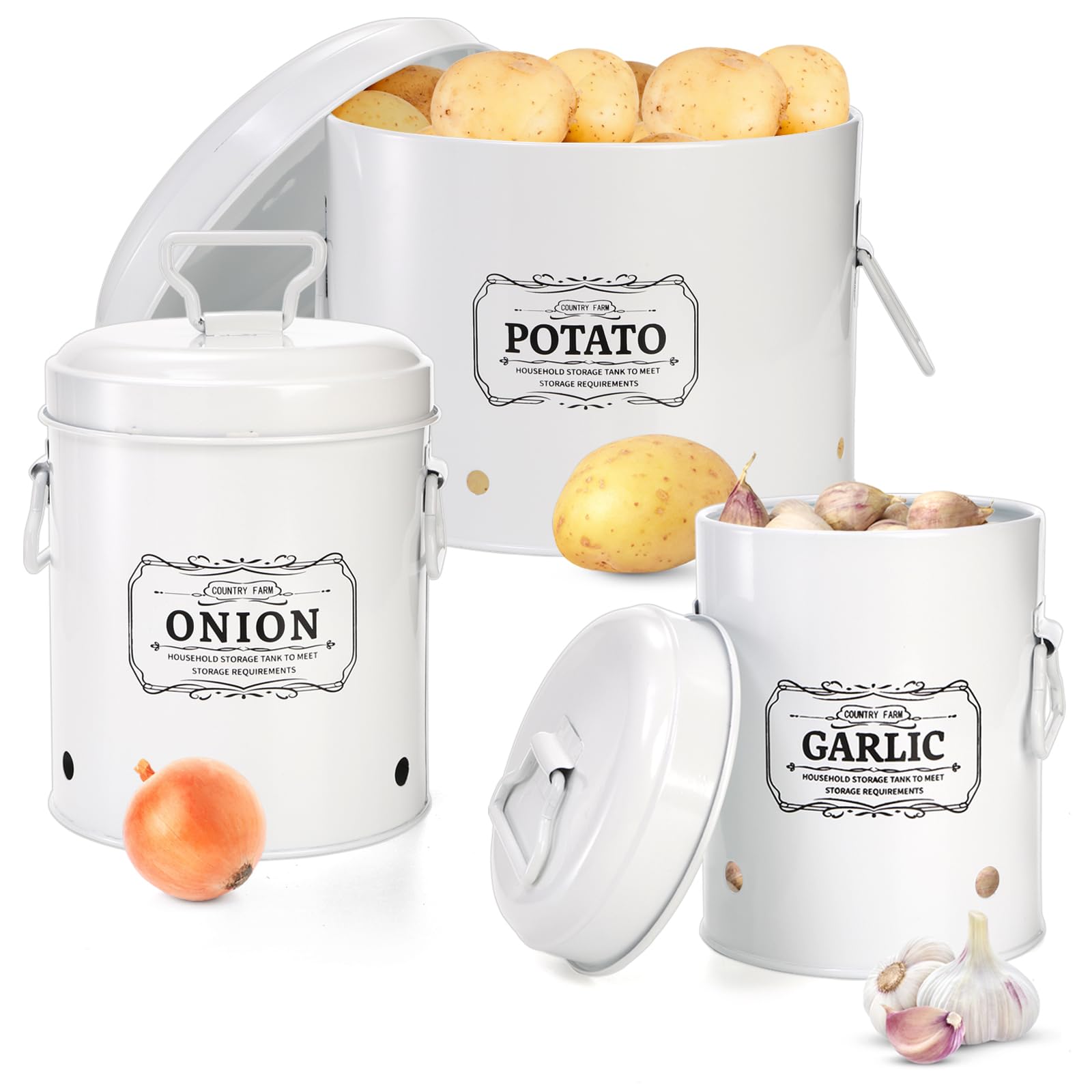 Suwimut Set of 3 Vegetable Storage Tins, Metal Potato Onion Garlic Storage Bin, Kitchen Canisters Vegetable Fresh Keeper Garlic Container Onion Keeper Potato Bin with Aerating Holes and Lid