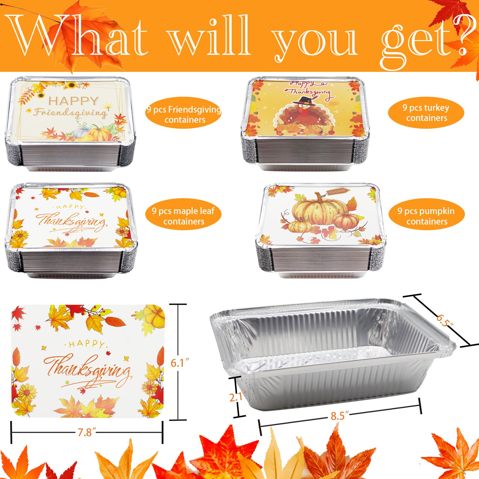 Decodinli 36 pcs Thanksgiving Leftover Containers with Lids, Thanksgiving Aluminum Food Containers, Fall themed Disposable Food Containers, Thanksgiving Tin Foil Containers for Leftovers, Treats