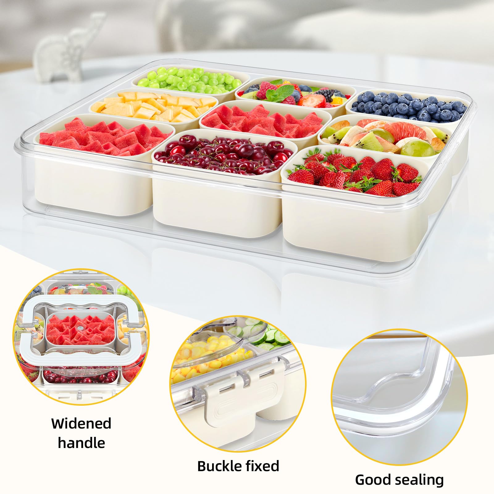 Portable Snackle Box Container with Lid and Handle, 9 Detachable Dividers Charcuterie Board Container Clear Organizer Food Storage for Fruits,Candy, Nuts- Perfect for Party, Travel & Picnic