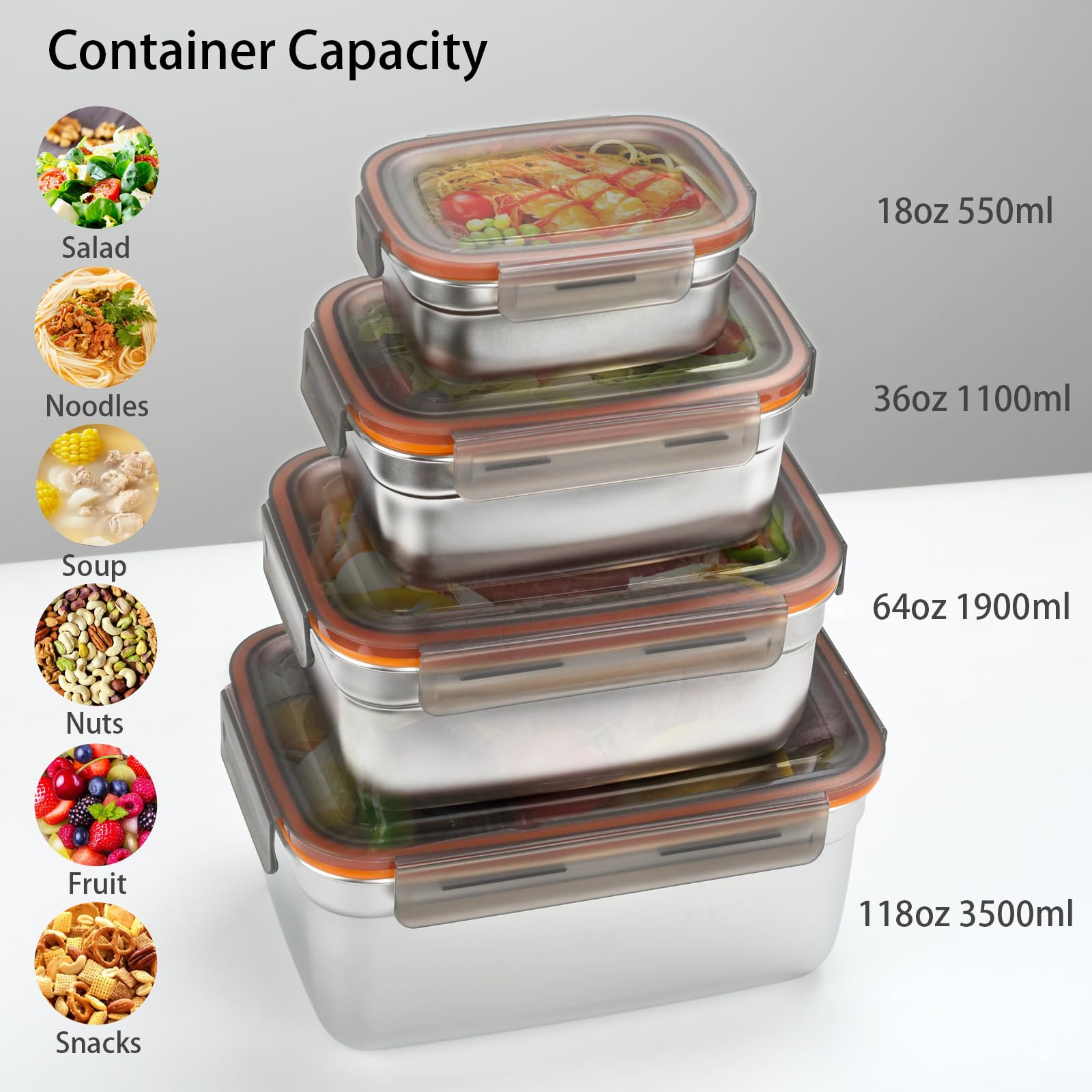 4 Pack Food Storage Containers with Lids, Stainless Steel Fridge Storage Containers Airtight Leak-Proof Metal Storage Containers for Food Leftover Storage at Home or for Camping Trip Road Trip