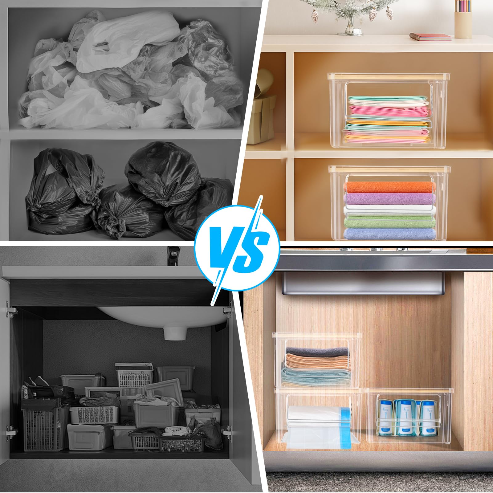 Riian Trash Bag Dispenser, Holder & Organizer with Bamboo Top, Acrylic Storage Container for Under Sink Bag Storage (1pc, Holds 100 Bags, 1300 Gallons)