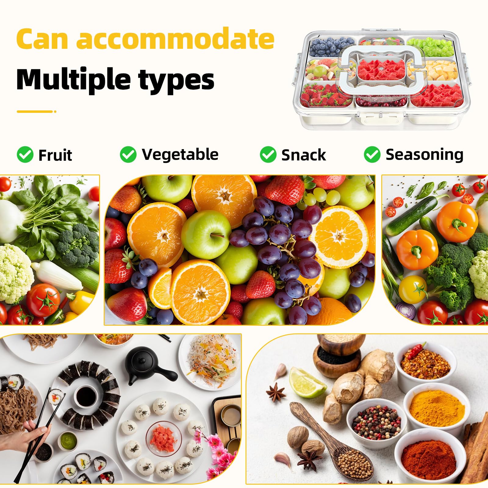 Portable Snackle Box Container with Lid and Handle, 9 Detachable Dividers Charcuterie Board Container Clear Organizer Food Storage for Fruits,Candy, Nuts- Perfect for Party, Travel & Picnic
