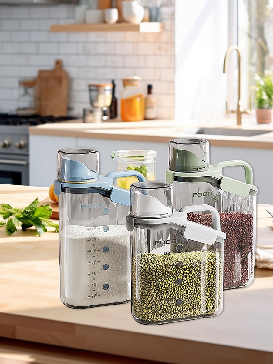 Livaprul Rice container storage tank, kitchen storage container, sealed food storage, sealed design measuring cup. With pouring port, suitable for oatmeal, grains, rice, flour (blue, 1600ML)