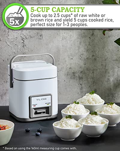 TLOG Mini Rice Cooker 2.5-Cup Uncooked(5-Cup cooked), Healthy Ceramic Coating 1.2L Small Rice Cooker for 1-3 People, Portable Travel Rice Cooker with Steam Tray, Rice Maker for Grains, White Rice, Oatmeal, Veggies