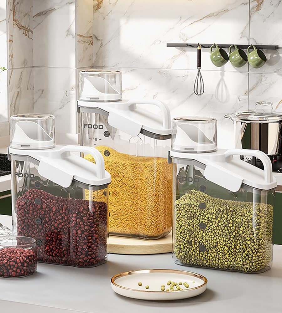 Livaprul Rice container storage tank, kitchen storage container, sealed food storage, sealed design measuring cup. With pouring port, suitable for oatmeal, grains, rice, flour (blue, 1600ML)