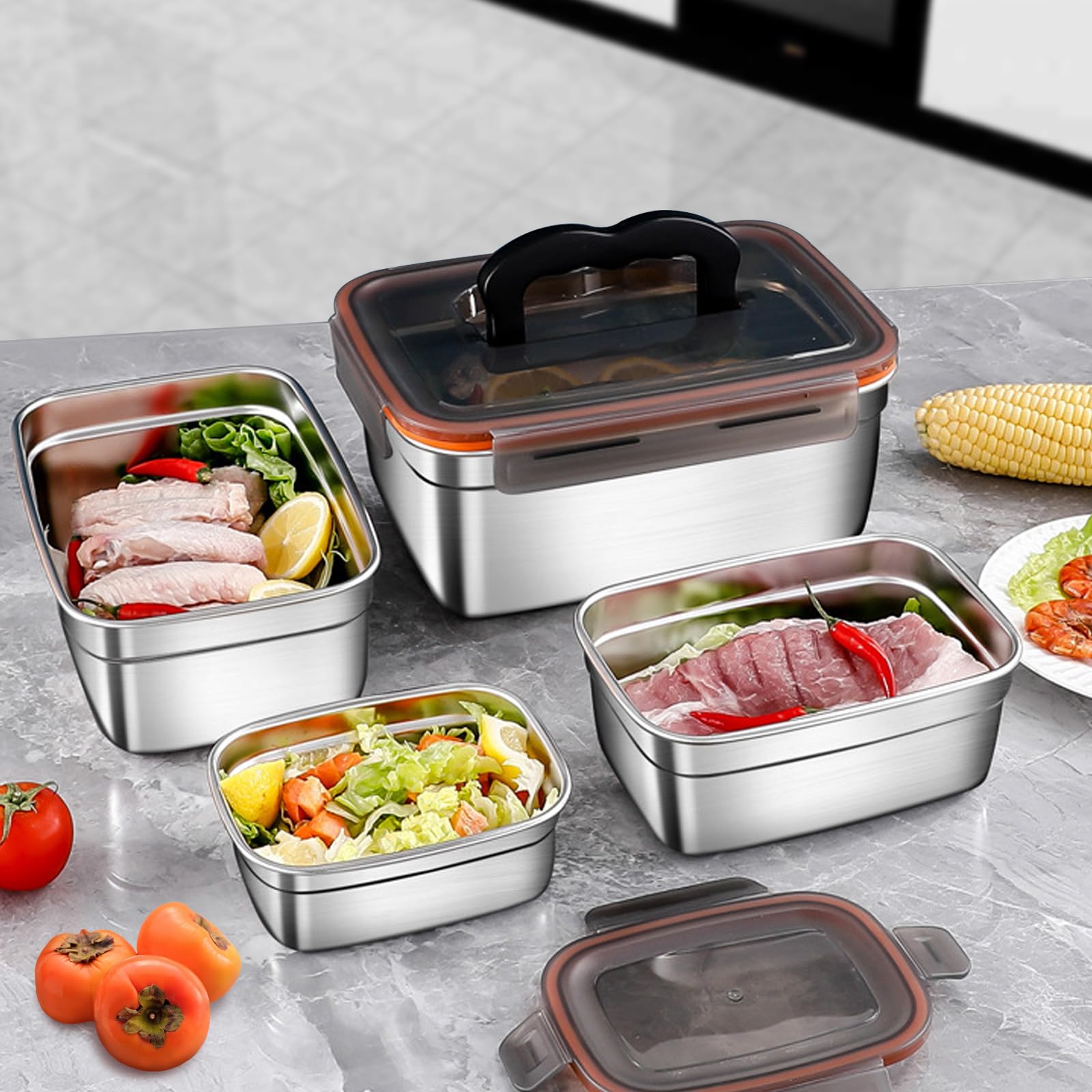 4 Pack Food Storage Containers with Lids, Stainless Steel Fridge Storage Containers Airtight Leak-Proof Metal Storage Containers for Food Leftover Storage at Home or for Camping Trip Road Trip