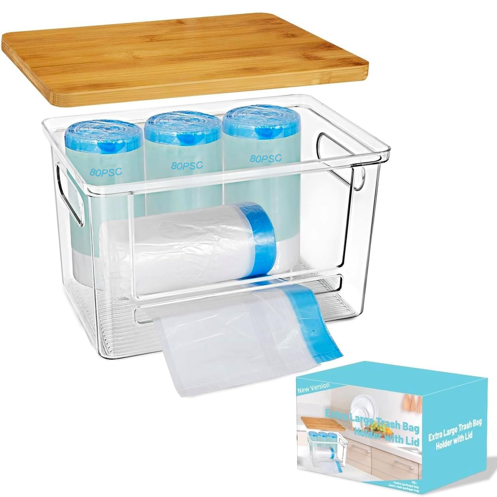Riian Trash Bag Dispenser, Holder & Organizer with Bamboo Top, Acrylic Storage Container for Under Sink Bag Storage (1pc, Holds 100 Bags, 1300 Gallons)