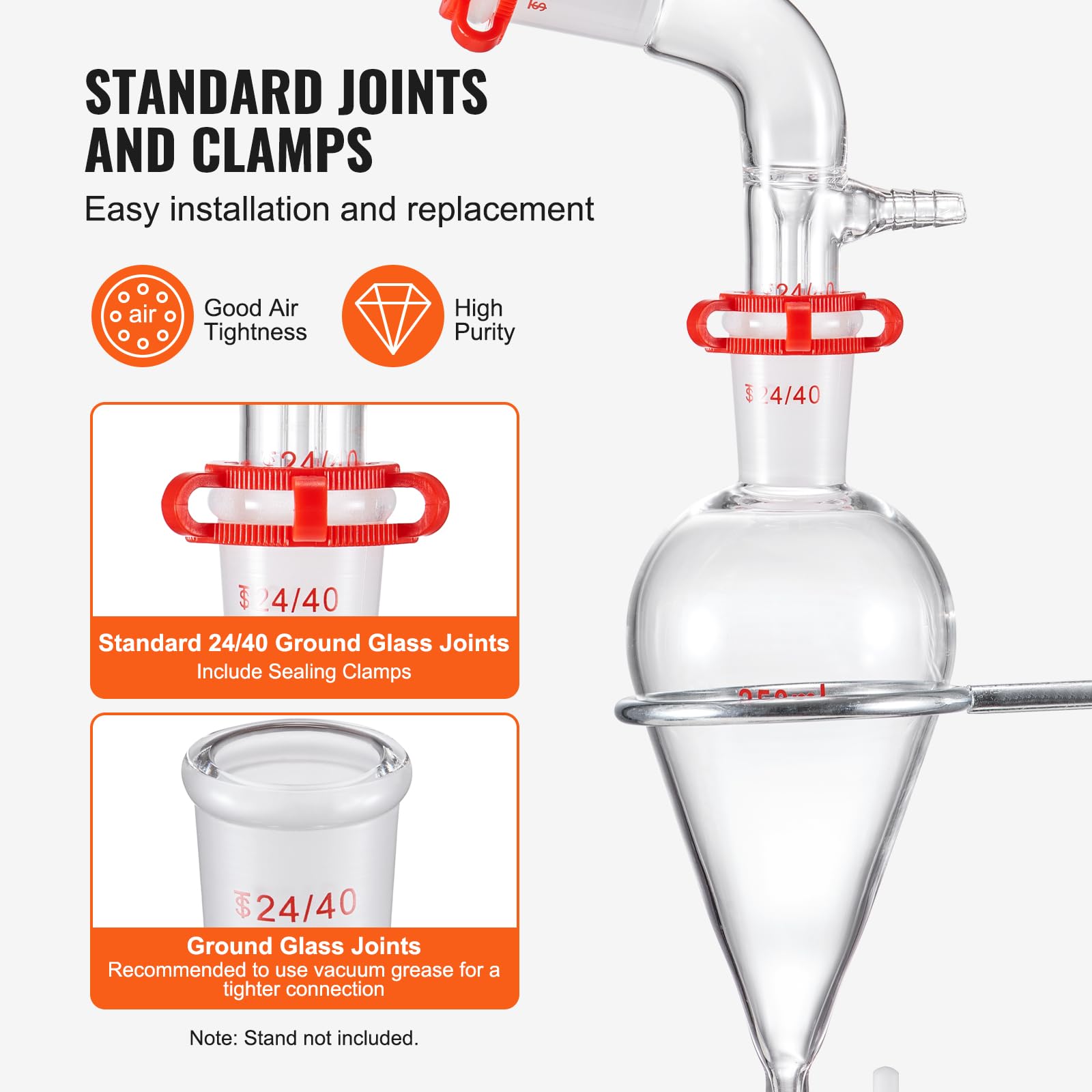VEVOR New Laboratory Glassware 24/40 Chemistry Glassware 29PCS Chemistry Lab Glassware Kit 250 1000ml for Distillations Separation Purification Synthesis 24/40 29PCS