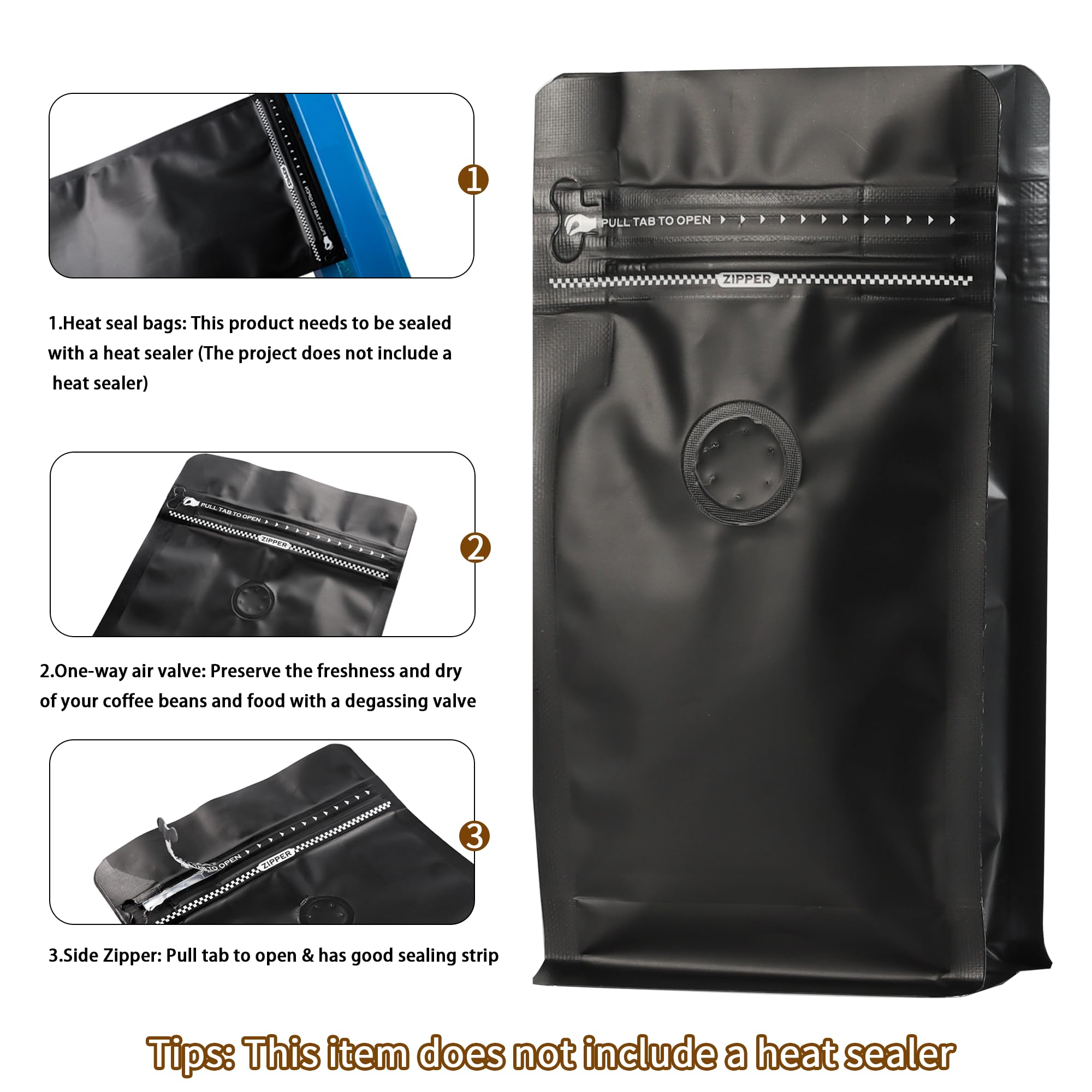 EIOFG Packaging Coffee Bags with Valve(8oz/ 0.5lb, 100PCS), High Barrier Flat Bottom Stand Up for Coffee Bean Storage, Heat Sealable Resealable Bags for Small Business Home, Store (Black)