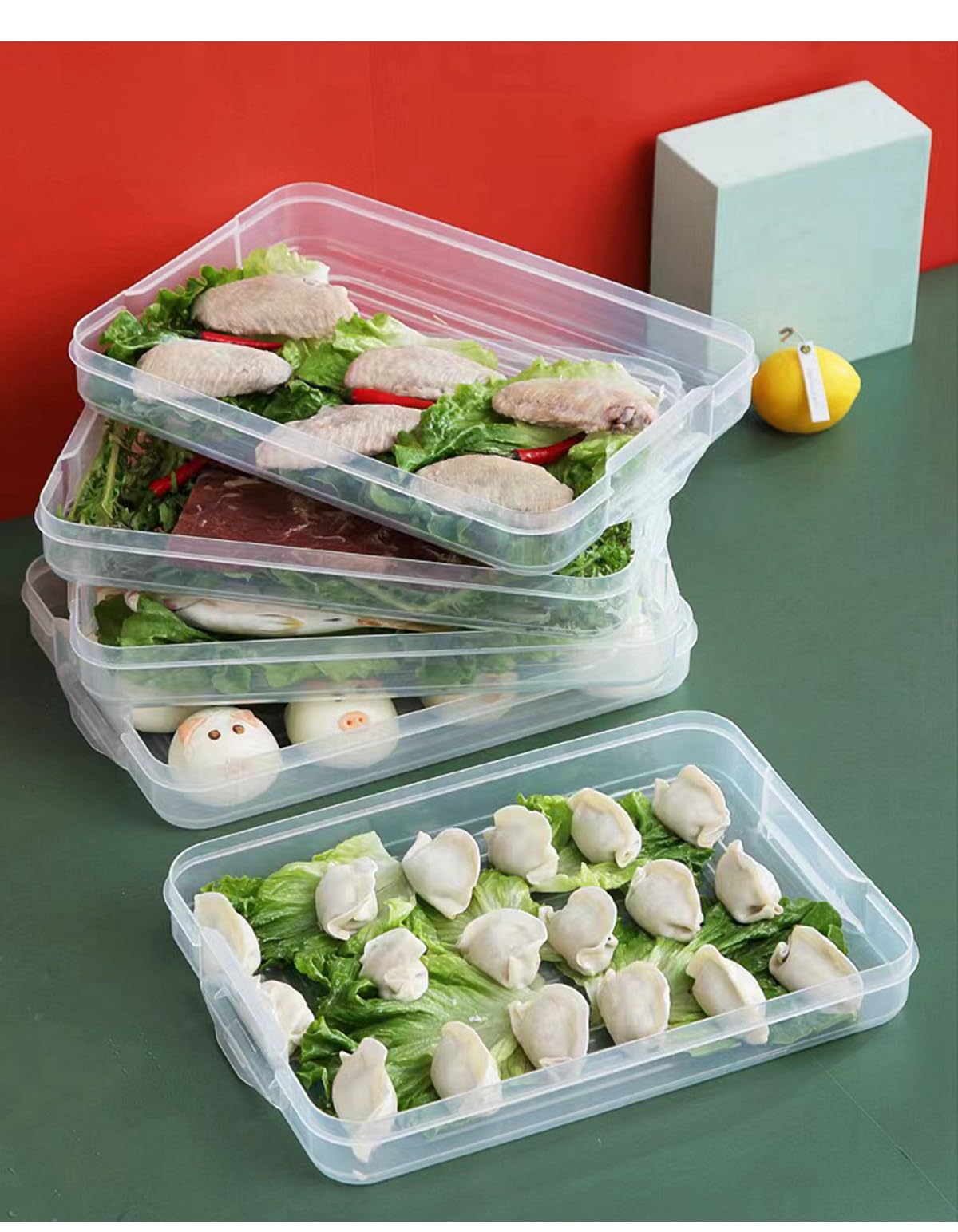 TIAN CHEN Food Refrigerator Storage Containers with 2 Lids, 4 Layer, Stackable Handheld Carrier for Snack, Cookie, Meat, Bacon, Charcuterie, BPA Free (Transparent 4 tier)