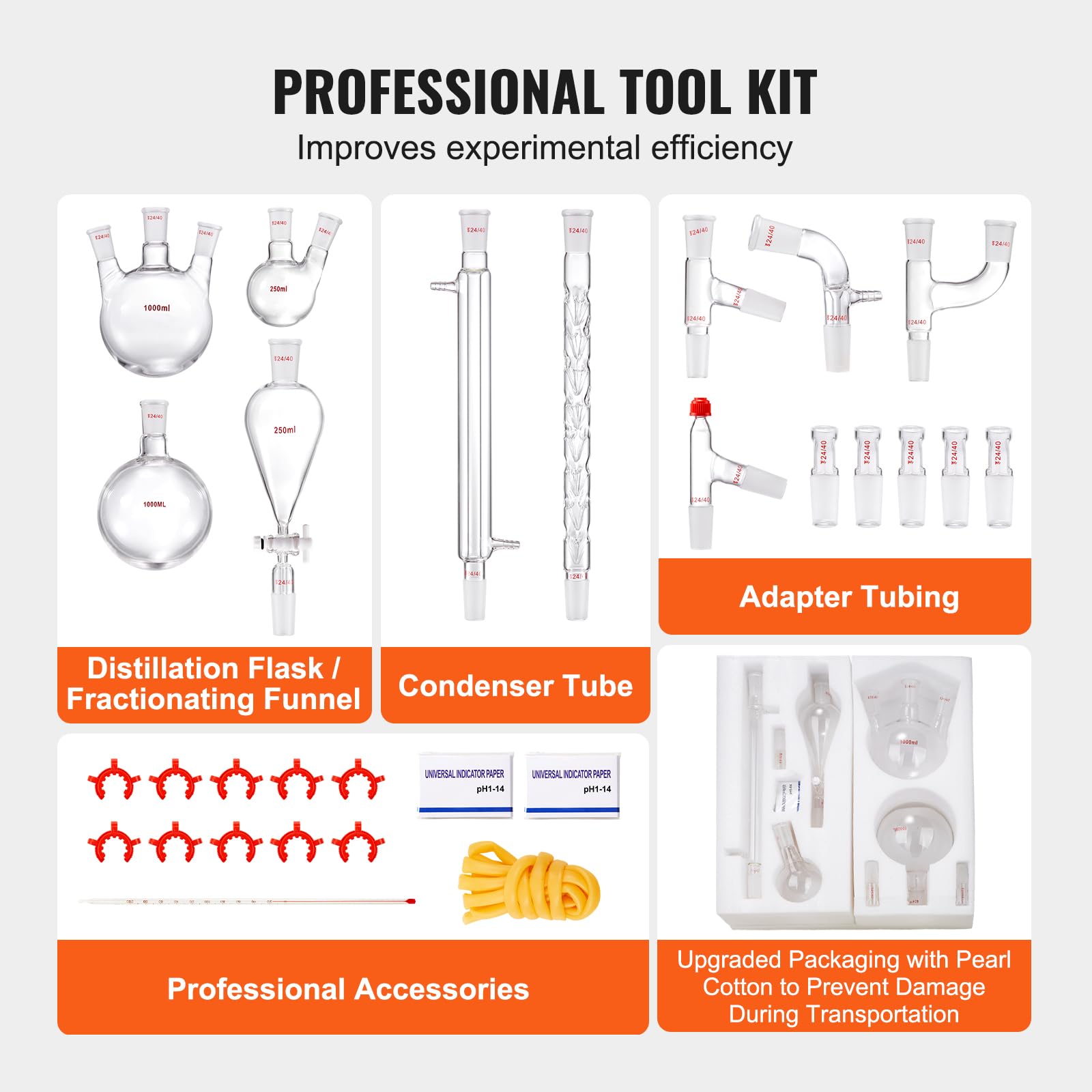 VEVOR New Laboratory Glassware 24/40 Chemistry Glassware 29PCS Chemistry Lab Glassware Kit 250 1000ml for Distillations Separation Purification Synthesis 24/40 29PCS