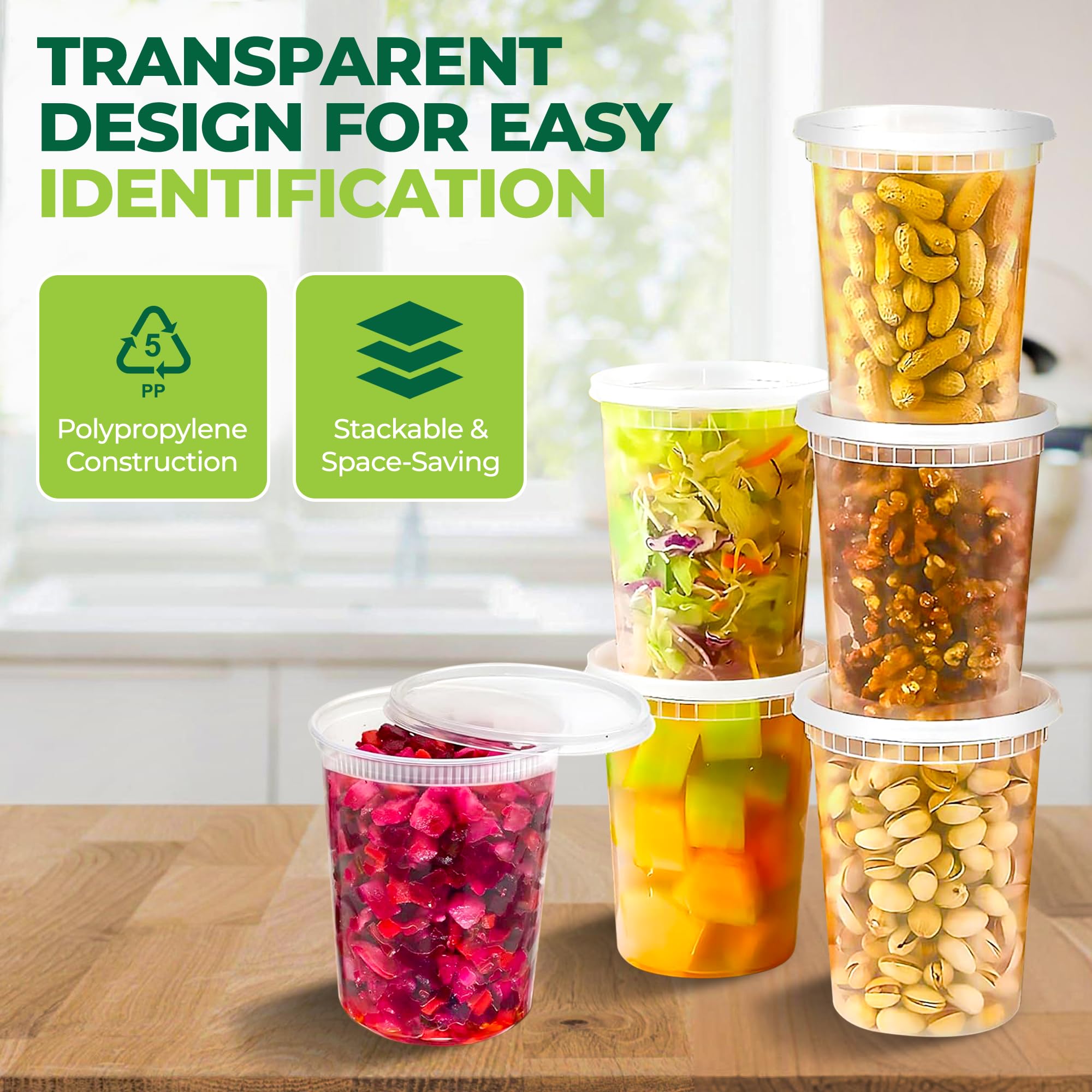 Deli Soup Quart Containers with Lids [32 Oz - 48 Pack], Plastic Food Freezer Storage Containers with Lids, Disposable Heavy Duty Microwavable Airtight To Go Takeaway Take Out Containers Cups With Lids