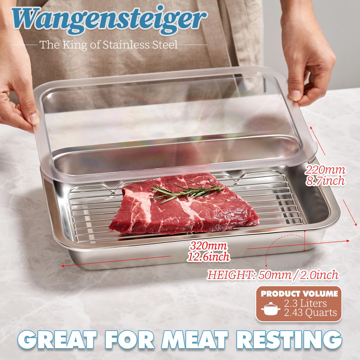WAGENSTEIGER Stainless Steel Food Prep Container Set with Rack & Transparent Lid, Buffet Party Pan, Catering Pan, For Resting Meats & Oven Roasting, Marinating & Deep-Frying Prep Tools
