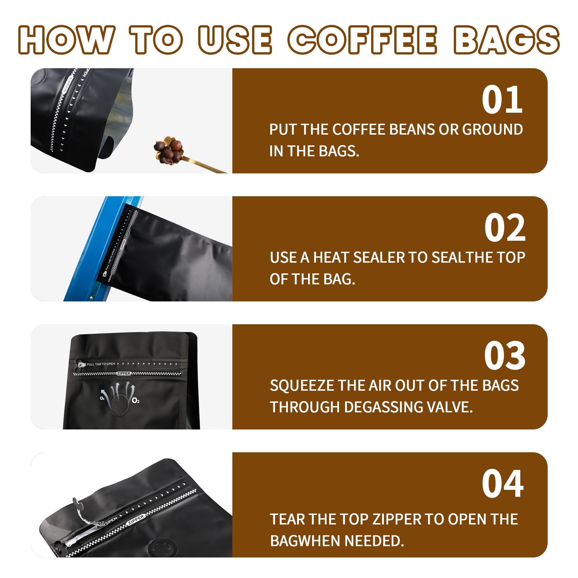 EIOFG Packaging Coffee Bags with Valve(8oz/ 0.5lb, 100PCS), High Barrier Flat Bottom Stand Up for Coffee Bean Storage, Heat Sealable Resealable Bags for Small Business Home, Store (Black)