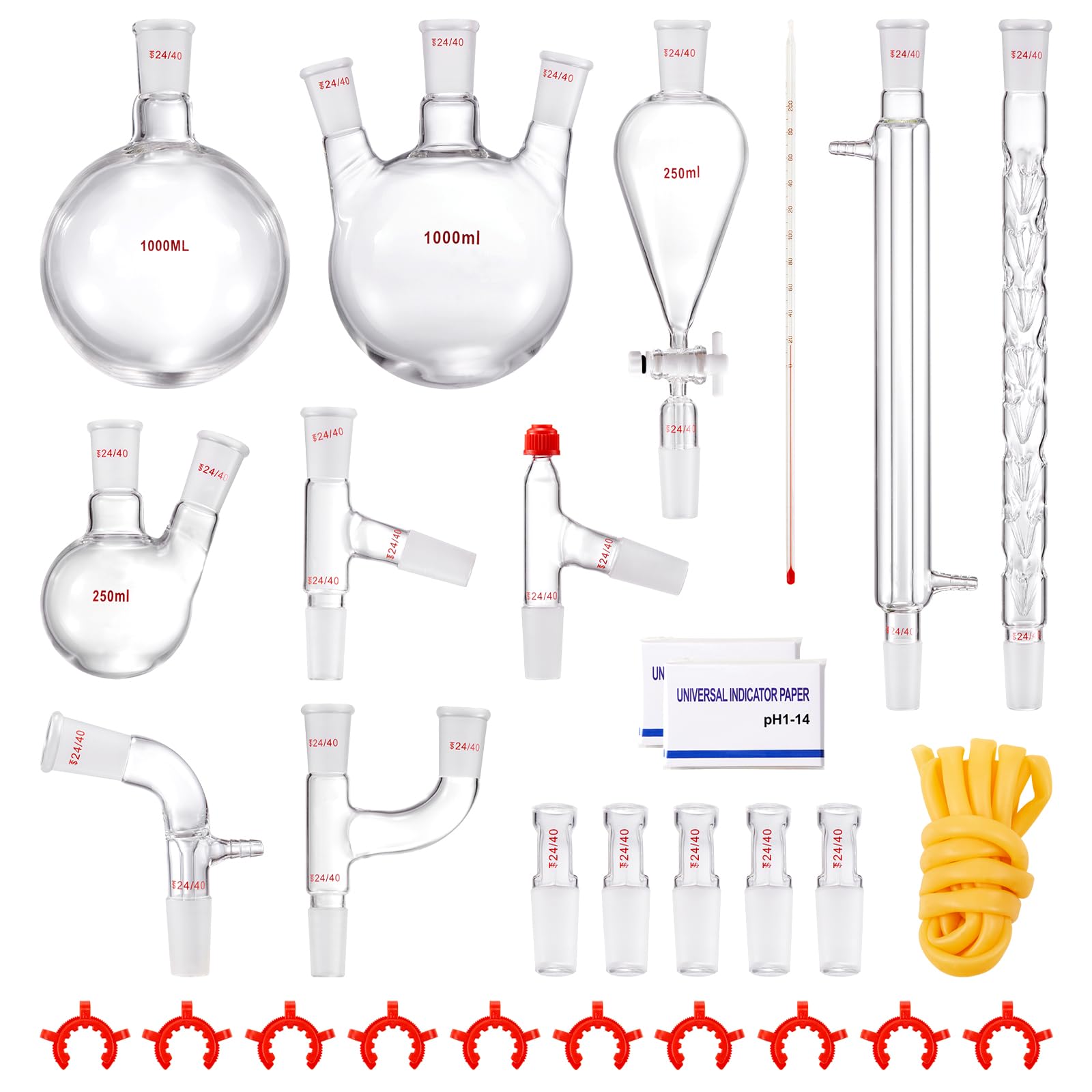 VEVOR New Laboratory Glassware 24/40 Chemistry Glassware 29PCS Chemistry Lab Glassware Kit 250 1000ml for Distillations Separation Purification Synthesis 24/40 29PCS
