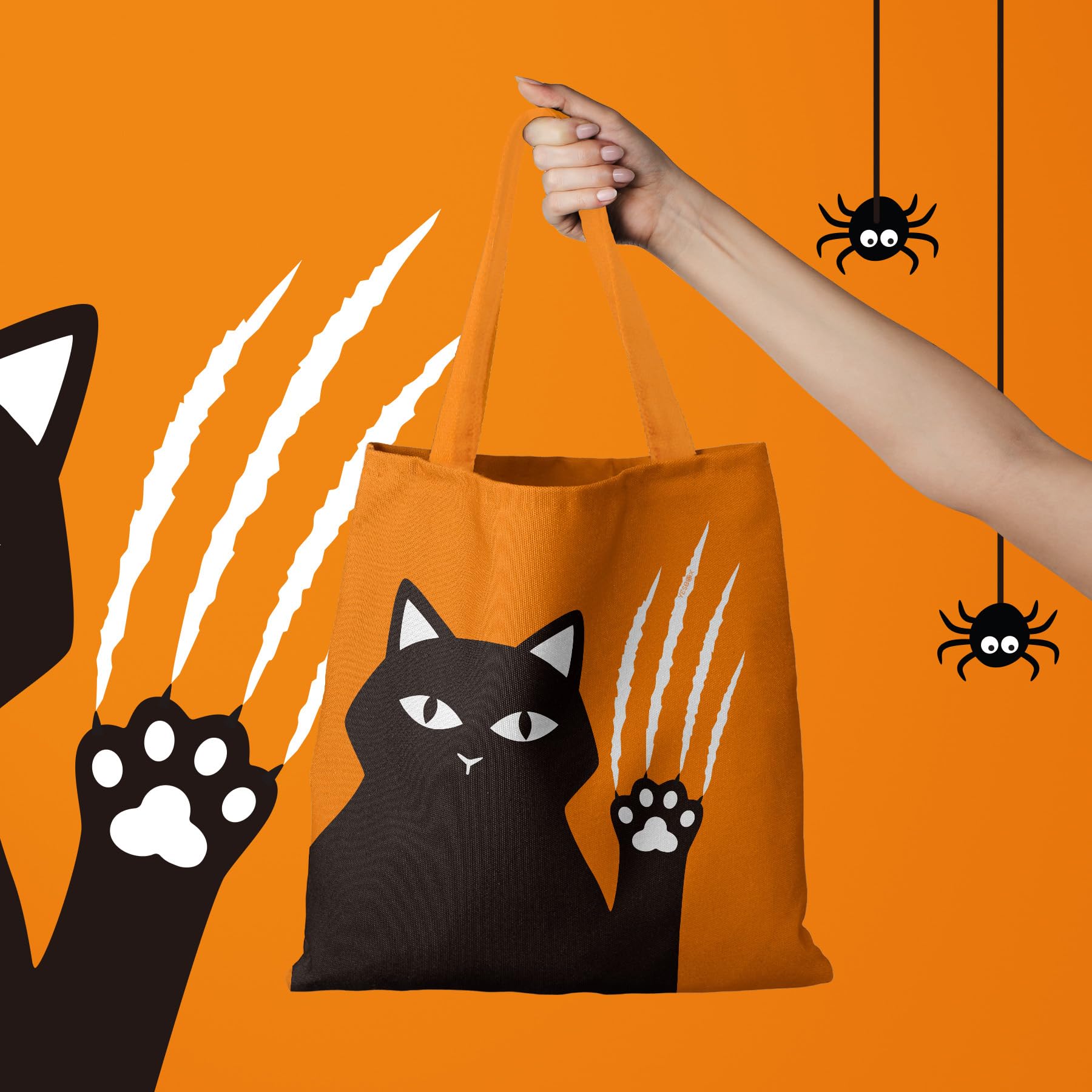 yesbox Gift Tote Bag - Vibrant Orange Canvas, Eco-Friendly, Cute Cat Design Ideal for Halloween Festivities, Trick or Treat, Travel, and Daily Use!